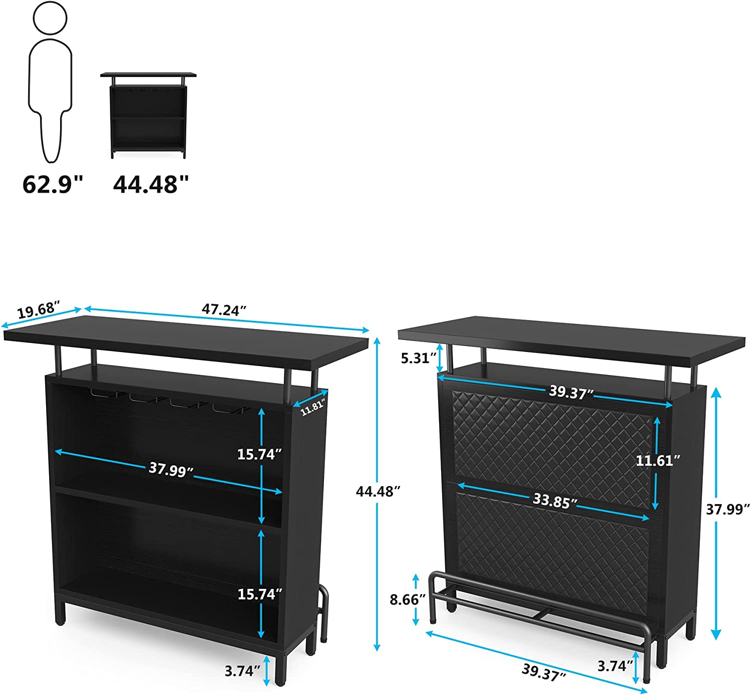 Bar Unit, 3-Tier Bar Table Liquor Cabinet with Stemware Rack ...