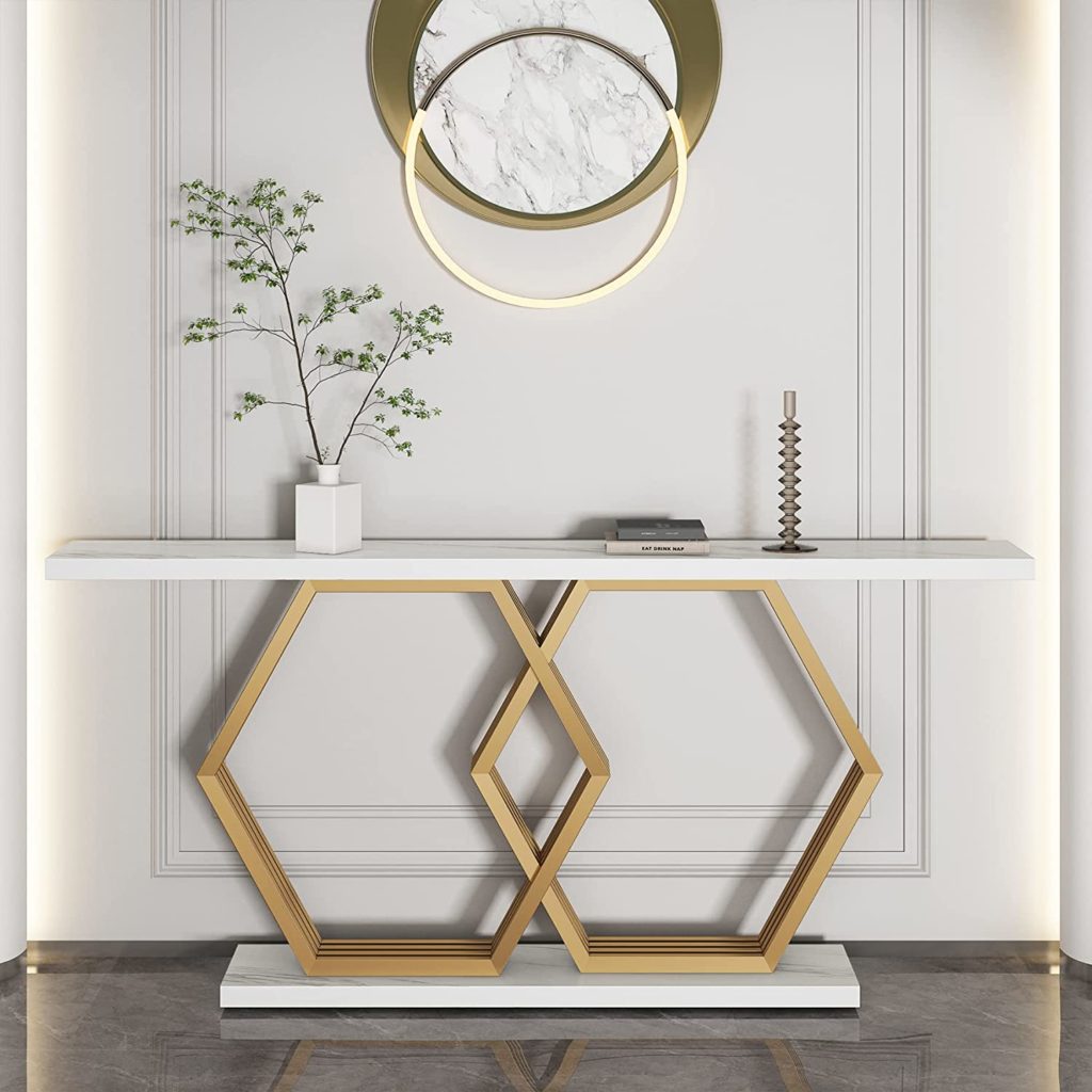 Console Table, 178 CM Faux Marble Entryway Table with Geometric Metal ...