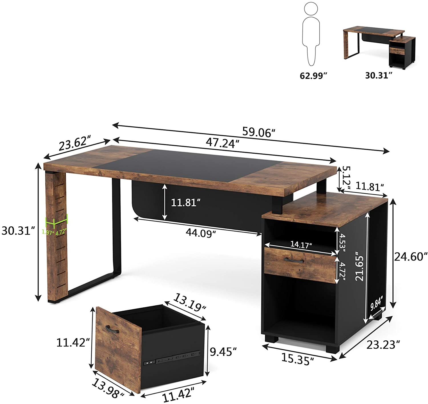 Computer Desk, 59 Inch Executive Office Desk with File Drawers ...