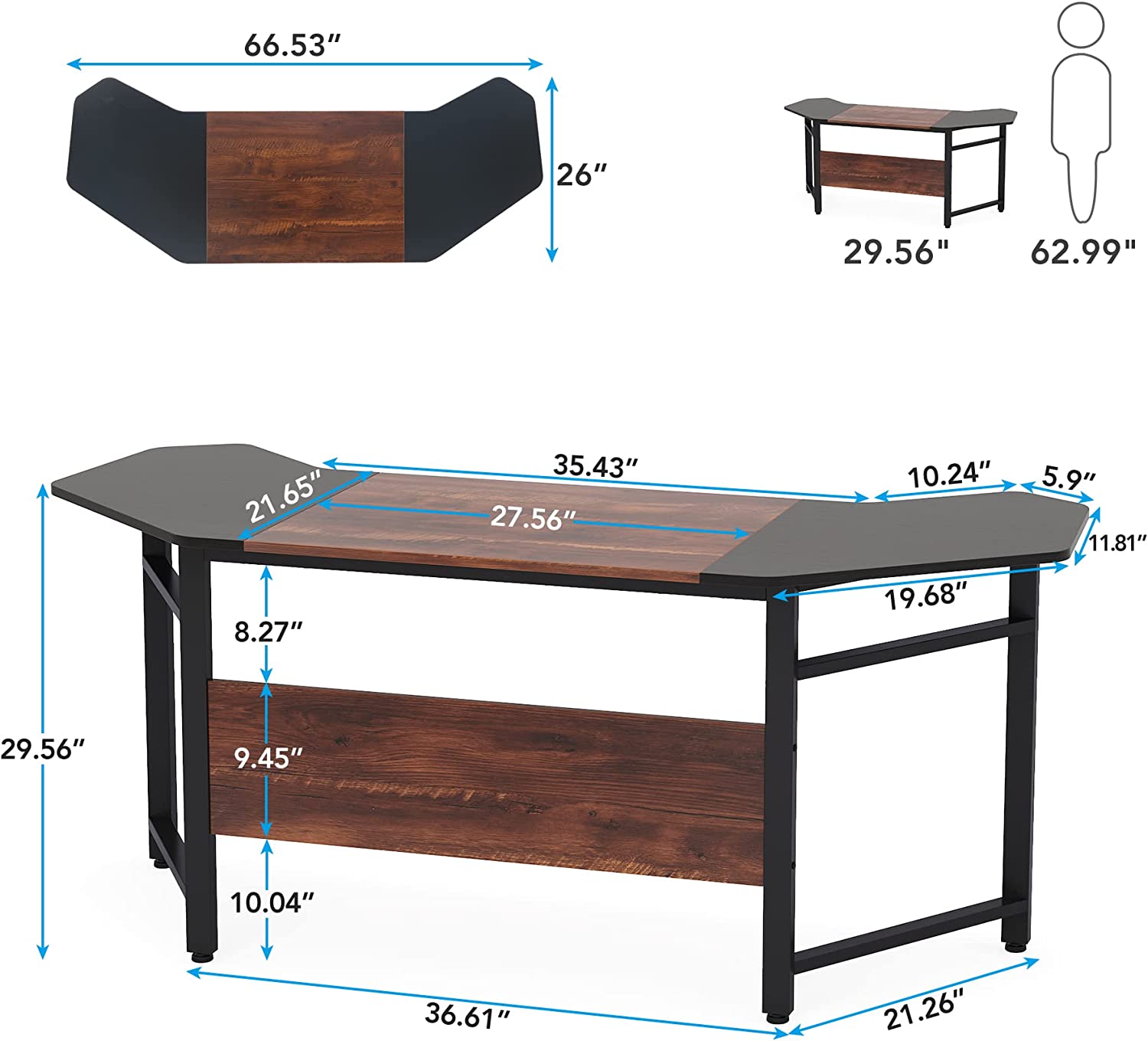 Computer Desk, 66.5″ Wing-Shaped Executive Desk Study Table – MecaWorks ...