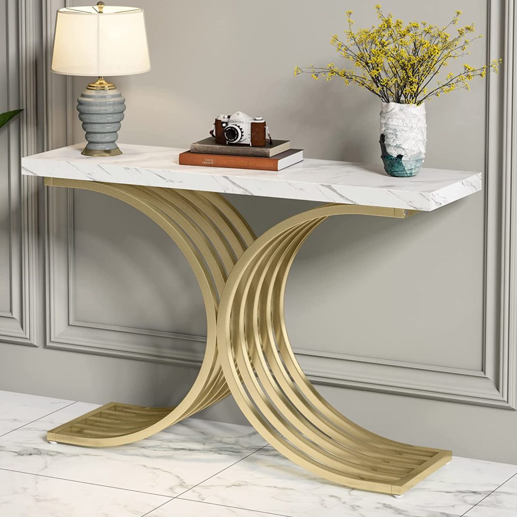 Console Table, Modern Faux Marble Entryway Sofa Table with Metal Base ...