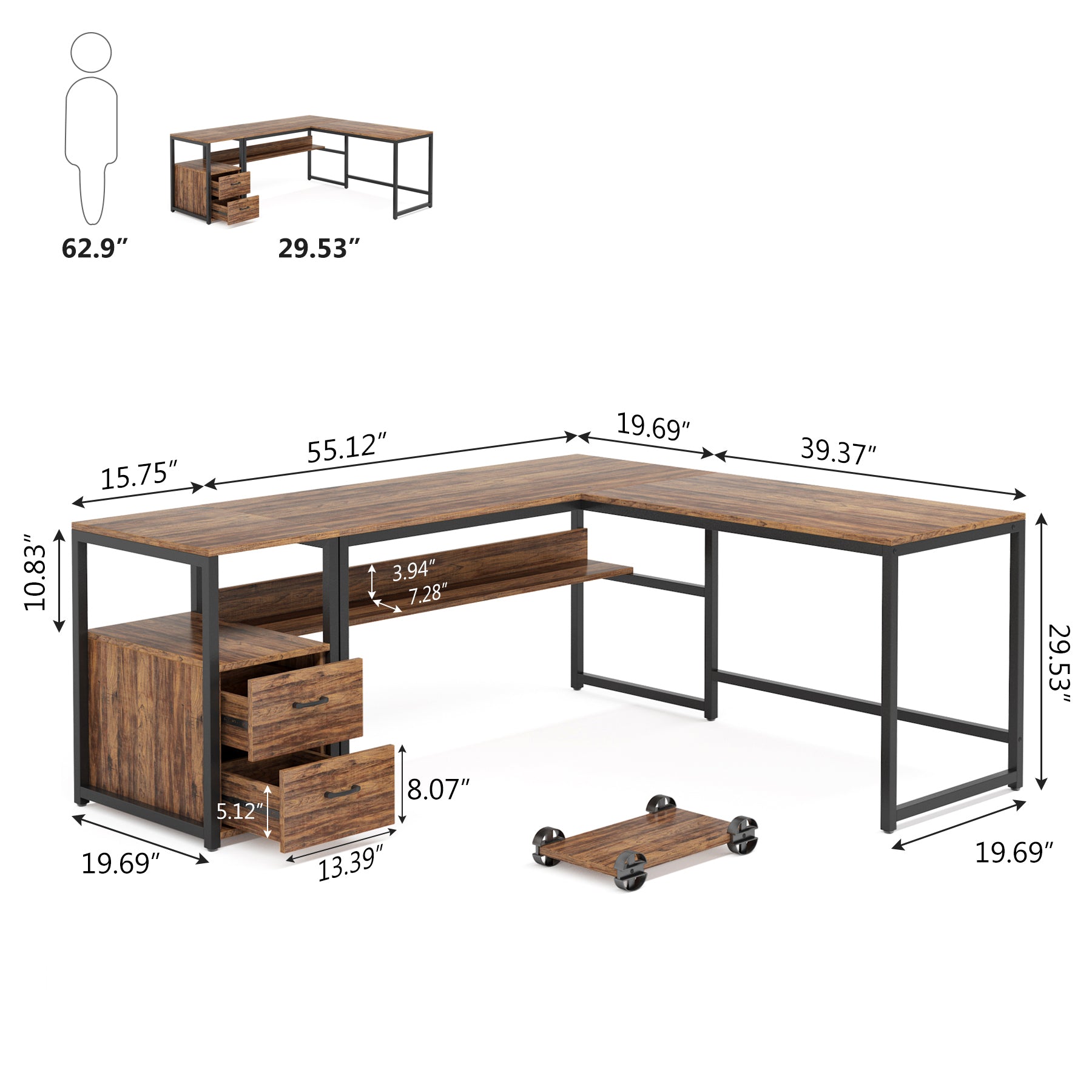 L-Shaped Desk, 70″ Computer Desk with Bookcase and Cabinet – MecaWorks ...