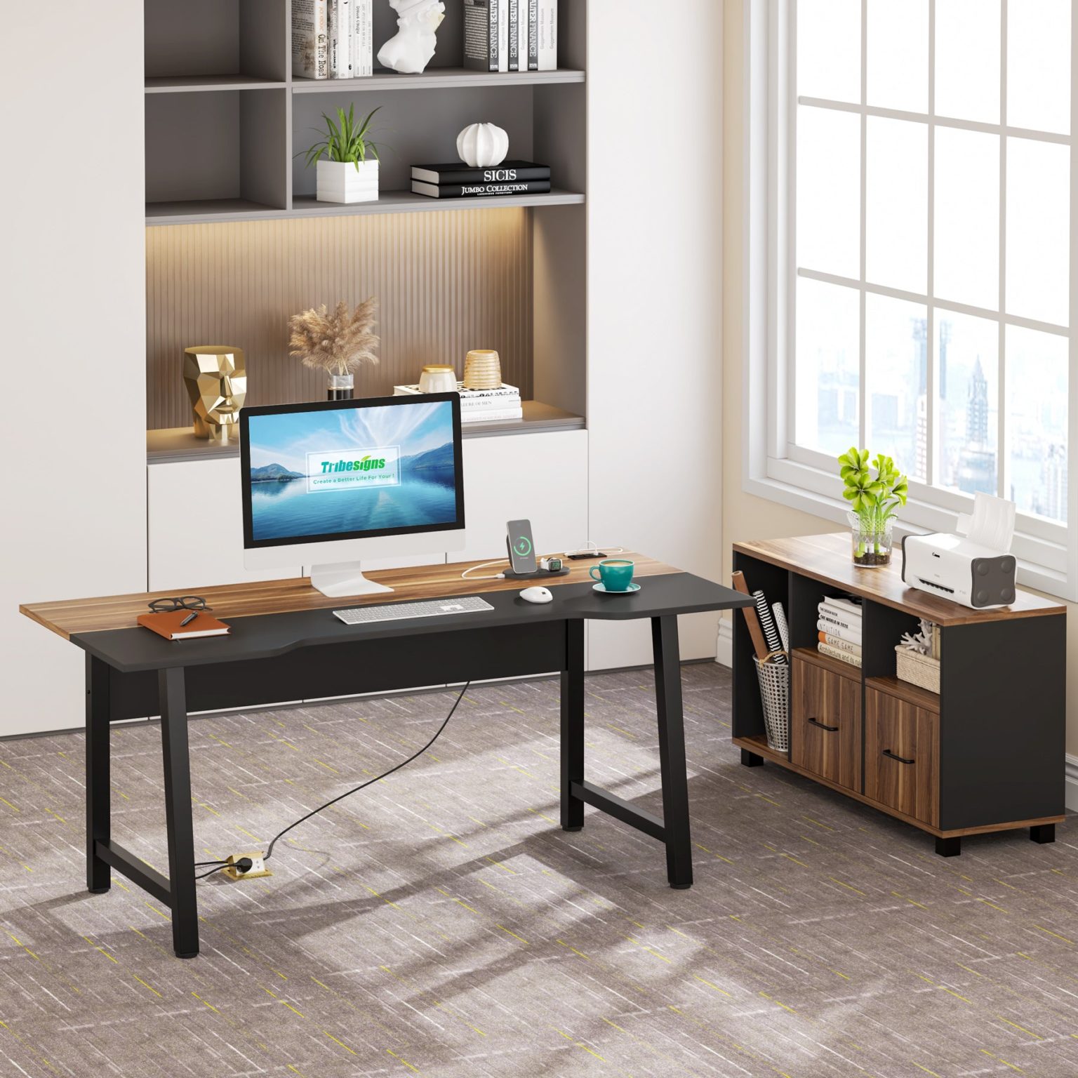 L-Shaped Desk, 70.9″ Computer Desk with Power Outlet and File Cabinet ...