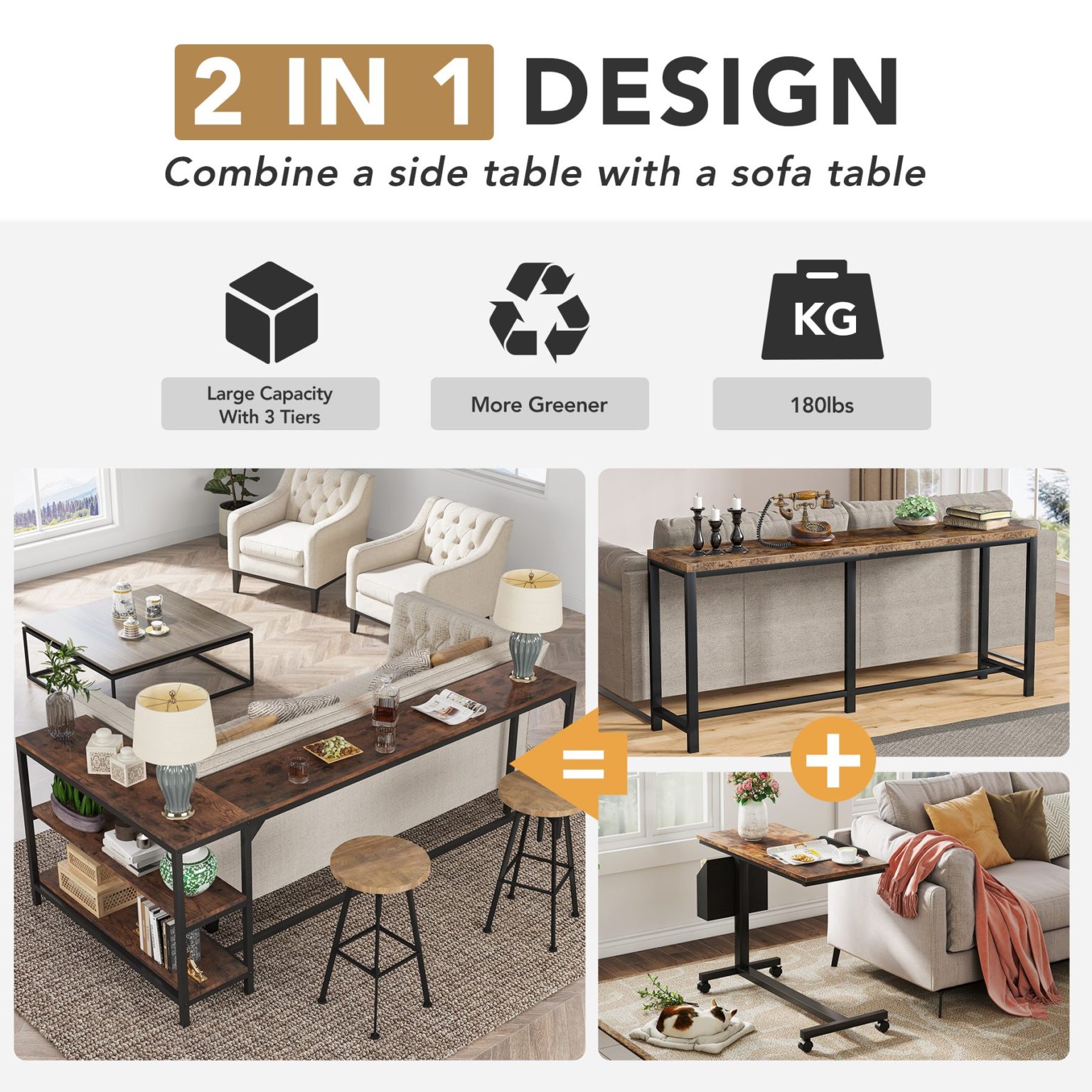 L-Shaped Console Table, Reversible Sofa Table with 3-Tier Shelves ...