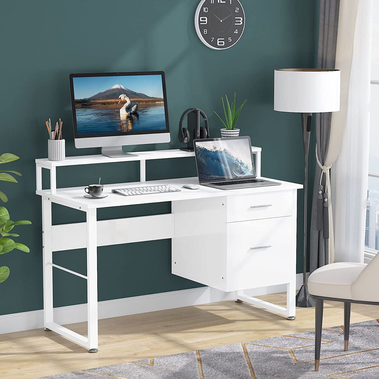Computer Desk, White Study Table with with Monitor Stand ＆ Drawers ...