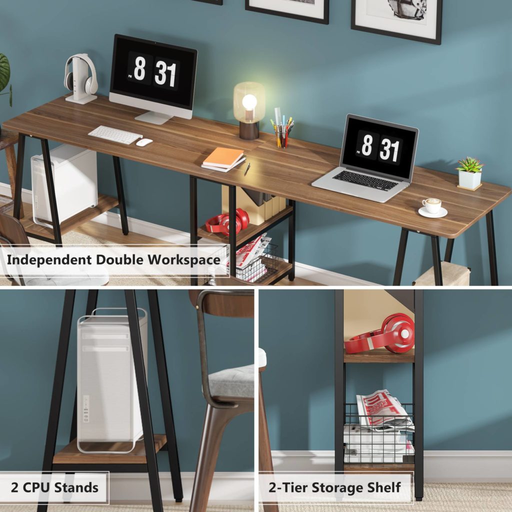 Two Person Desk, 94.5″ Double Computer Desk with Storage Shelves ...