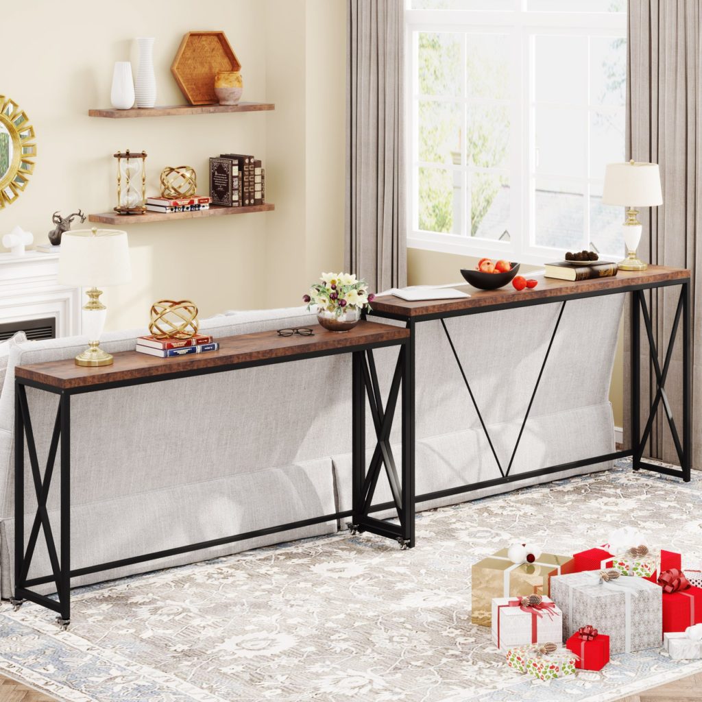 Console Table Set of 2, Narrow Long Sofa Table with Wheels – MecaWorks ...