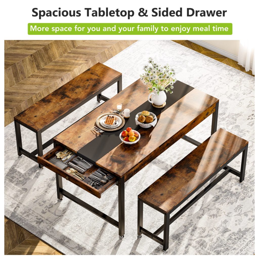 Dining Table Set, Kitchen Breakfast Table with 2 Benches & Sided Drawer ...