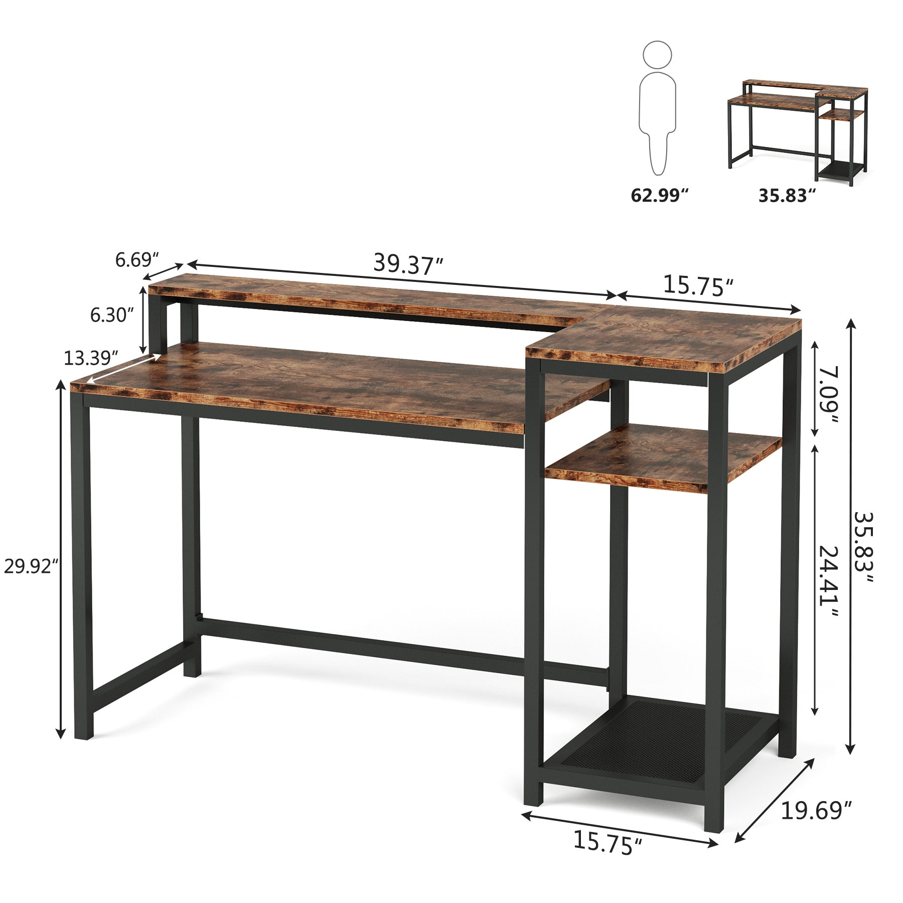 Computer Desk, Industrial Study Desk with Shelves & Monitor Stand ...