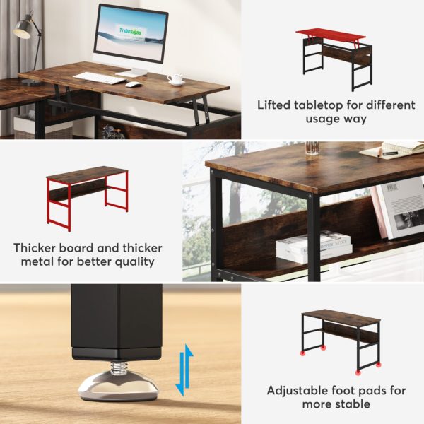 Lift Top L-Shaped Desk, Corner Computer Desk with Storage Shelves ...