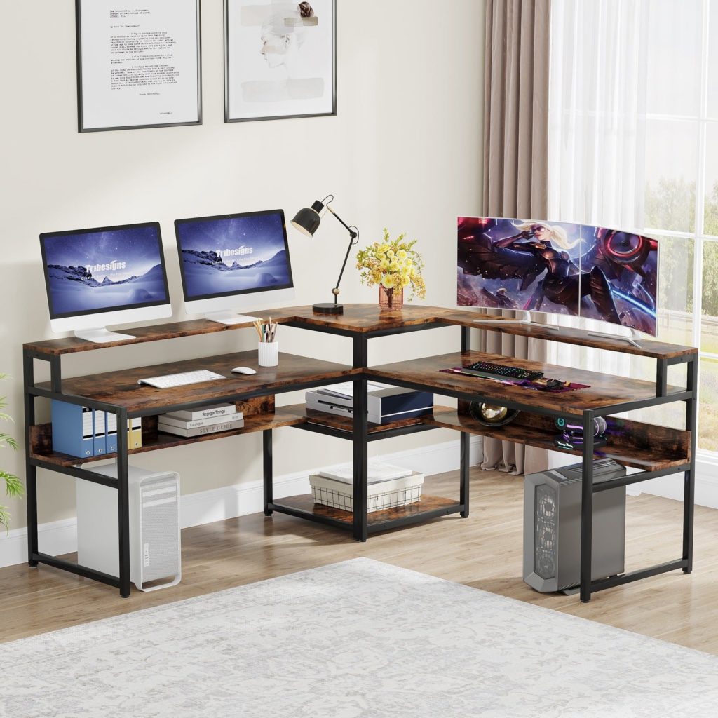 L-Shaped Desk, Corner Computer Desk with Monitor Riser – MecaWorks – EGYPT