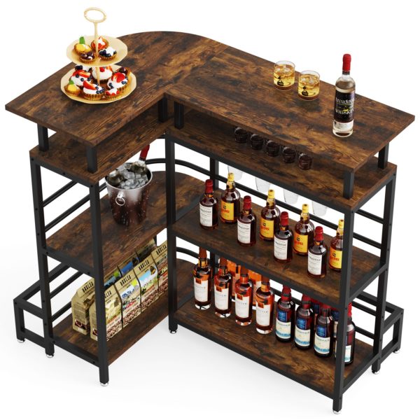 Bar Unit, L-Shaped Liquor Bar Table with 4 Tier Shelves & 4 Glass ...