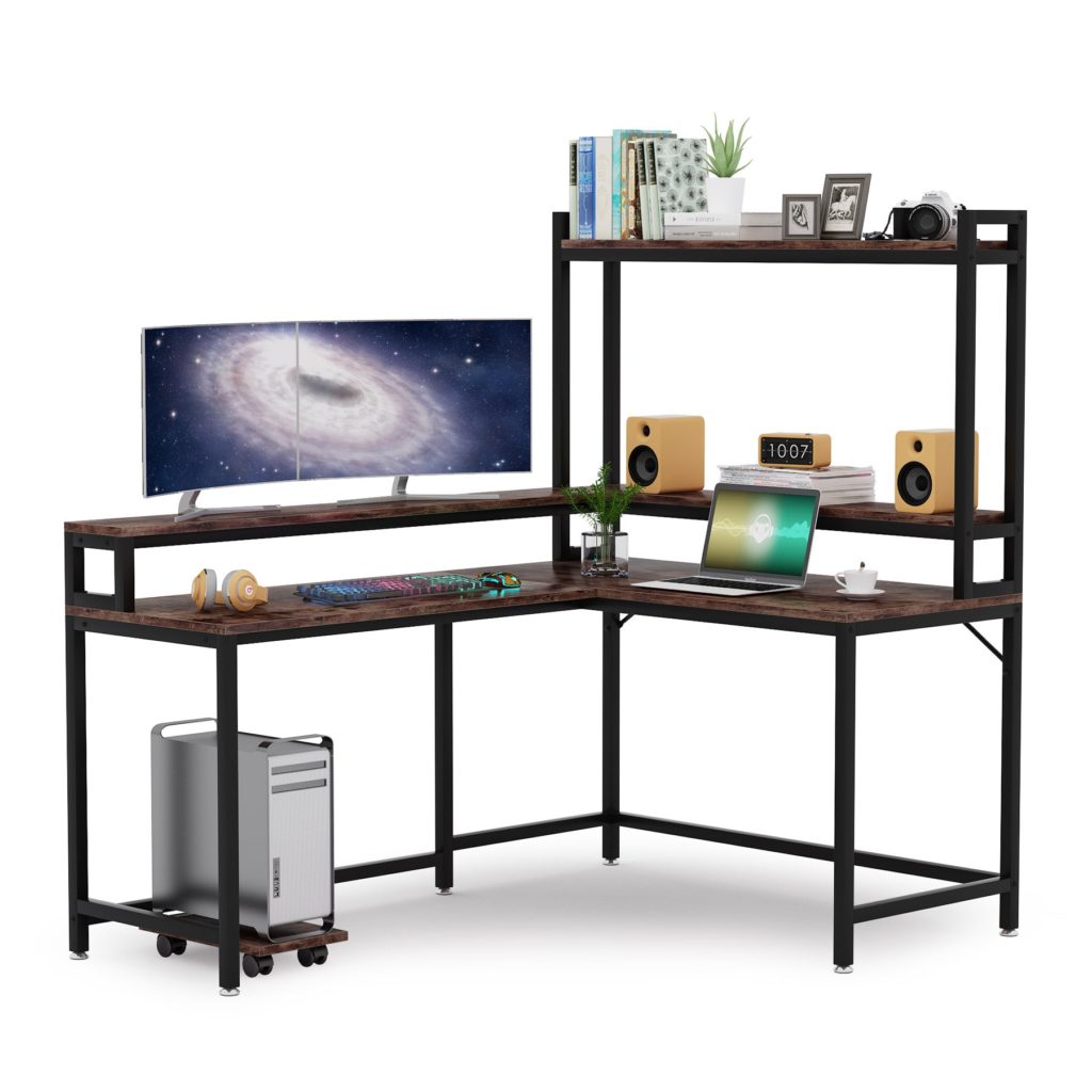 L-Shaped Desk, Corner Computer Desk with Hutch and Monitor Stand ...
