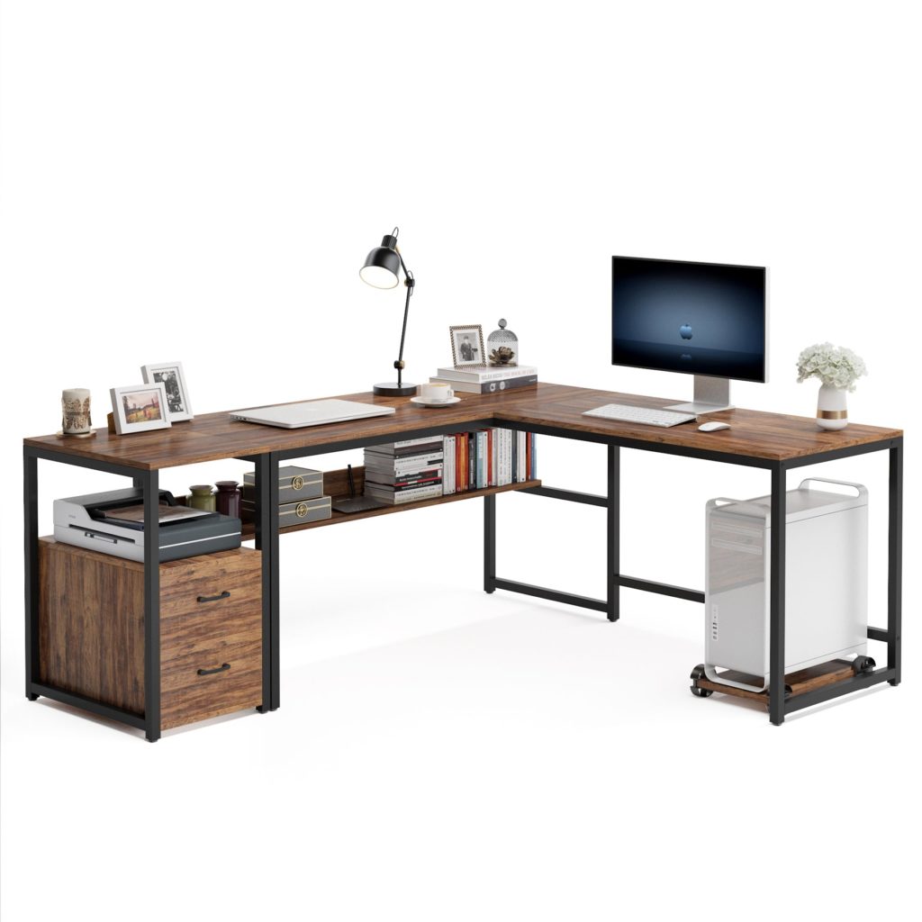 L-Shaped Desk, 70″ Computer Desk with Bookcase and Cabinet – MecaWorks ...