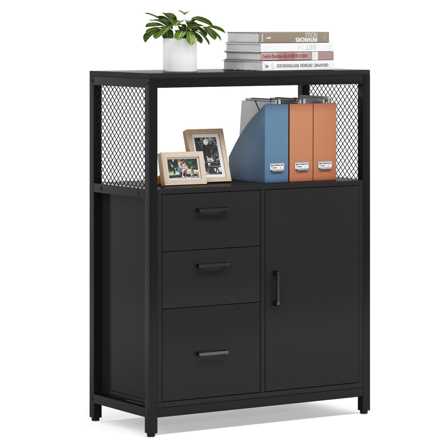 File Cabinet, 3 Drawers Lateral Filing Cabinet with Open Shelves ...