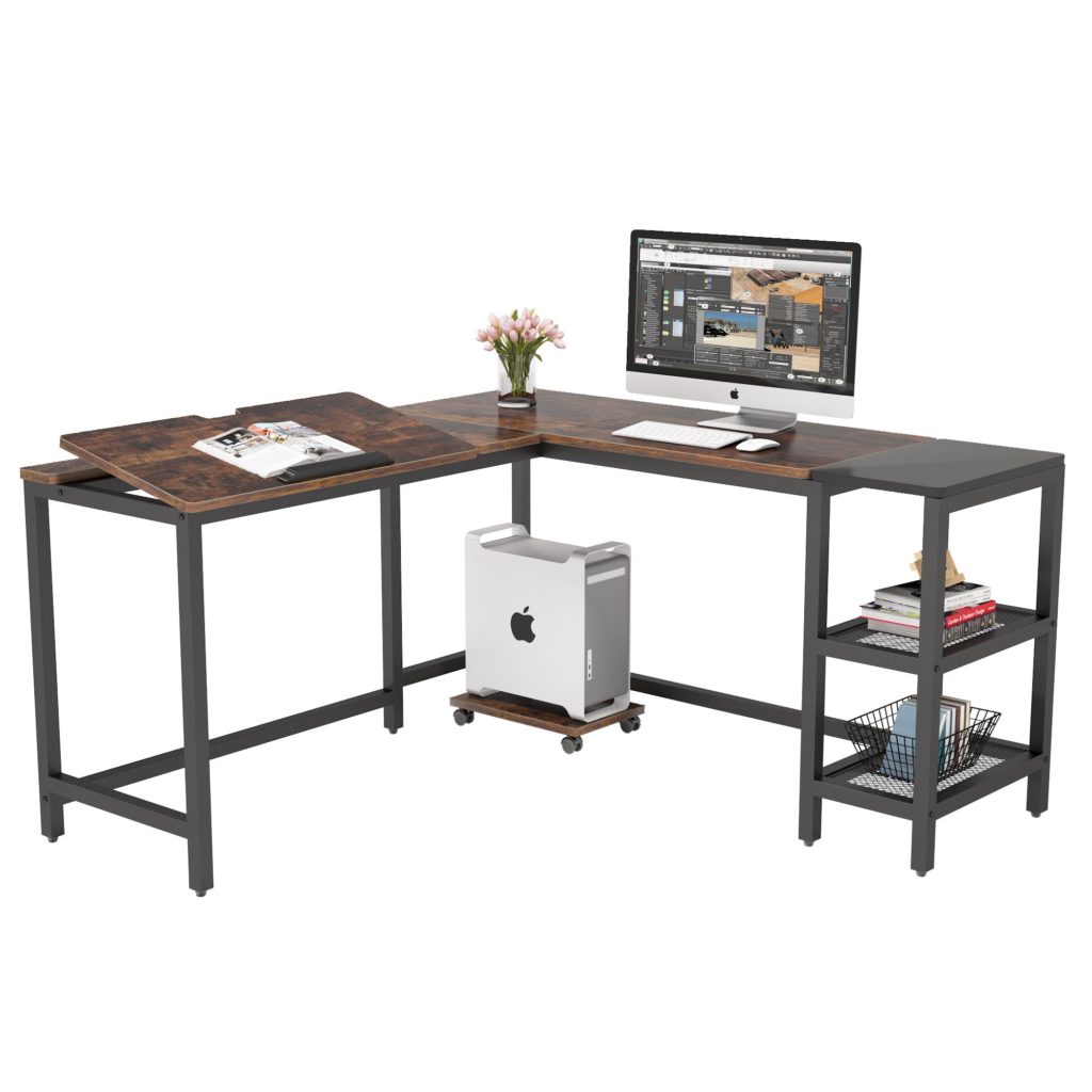 L-Shaped Desk, 59″ Corner Computer Desk Drafting Table with Shelves ...