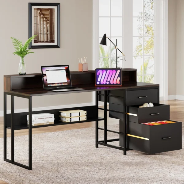 61″ Computer Desk Study Writing Table with File Drawers & Monitor Stand ...